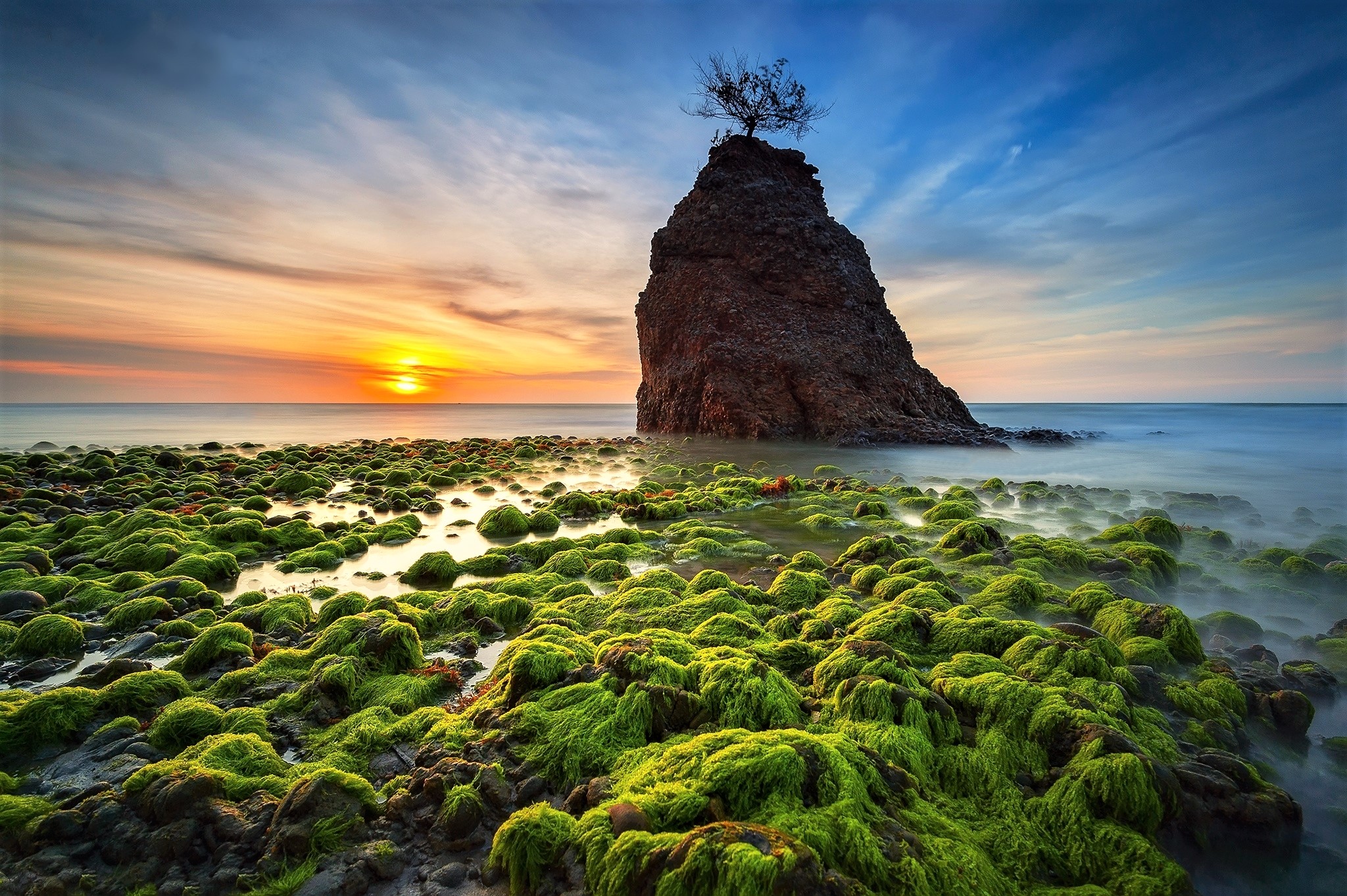 Download Sky Sunset Horizon Moss Stone Sea Ocean Nature Rock HD Wallpaper