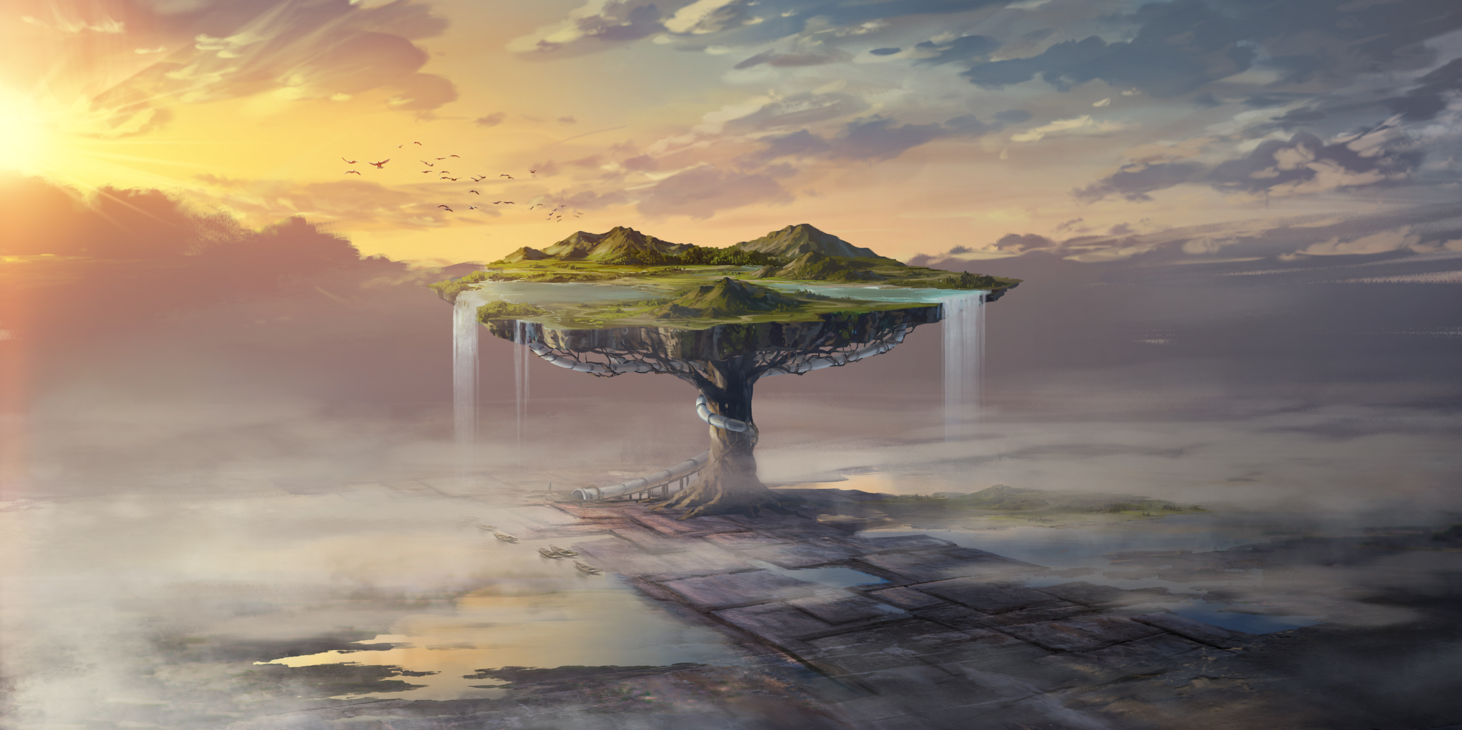 Serene Fantasy Waterfall Tree: An HD Wallpaper for Dreamy Landscapes