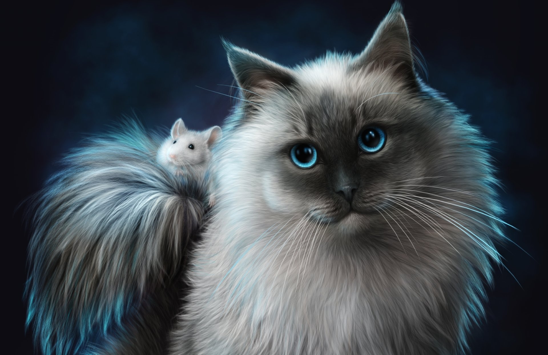 Blue-Eyed Cat and Mouse: A Fantasy HD Wallpaper by Alena Ekaterinburg