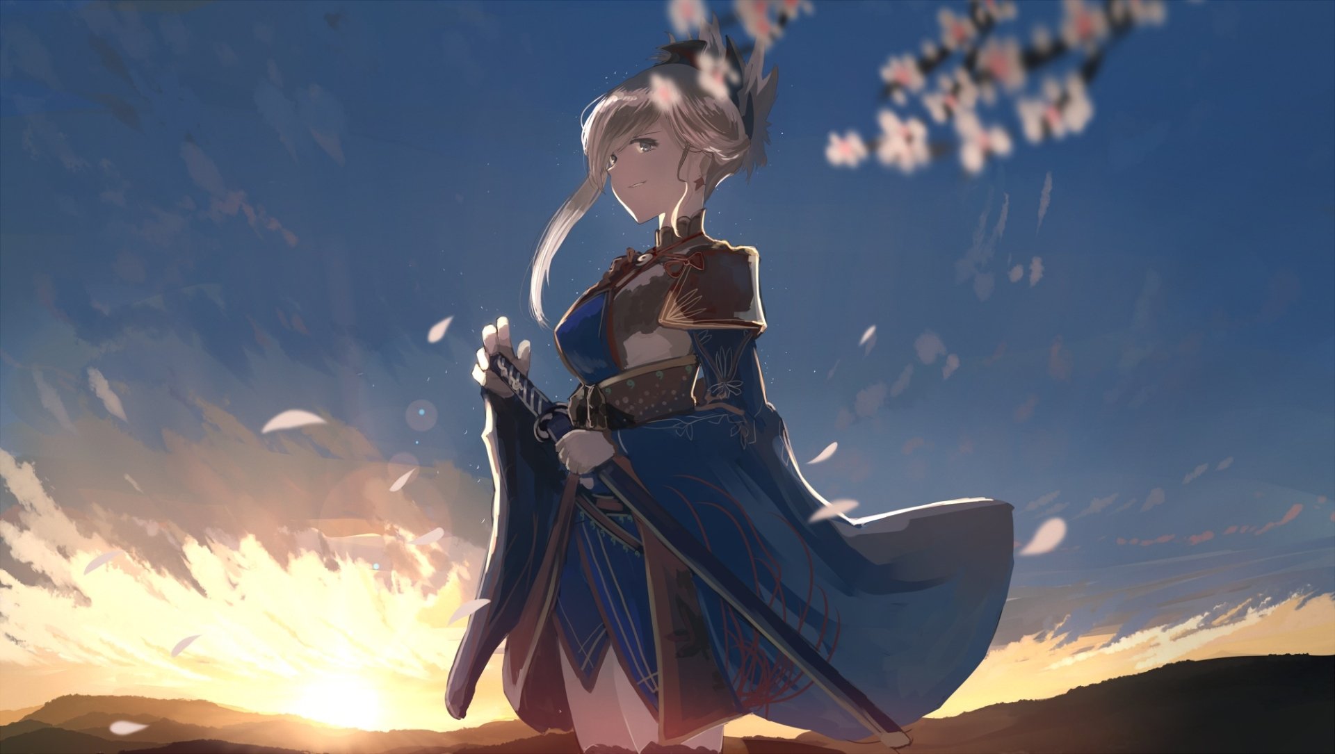 Sunset Musashi — White‑Haired Sword & Blue‑Eyed Smile (Fate/Grand Order HD)