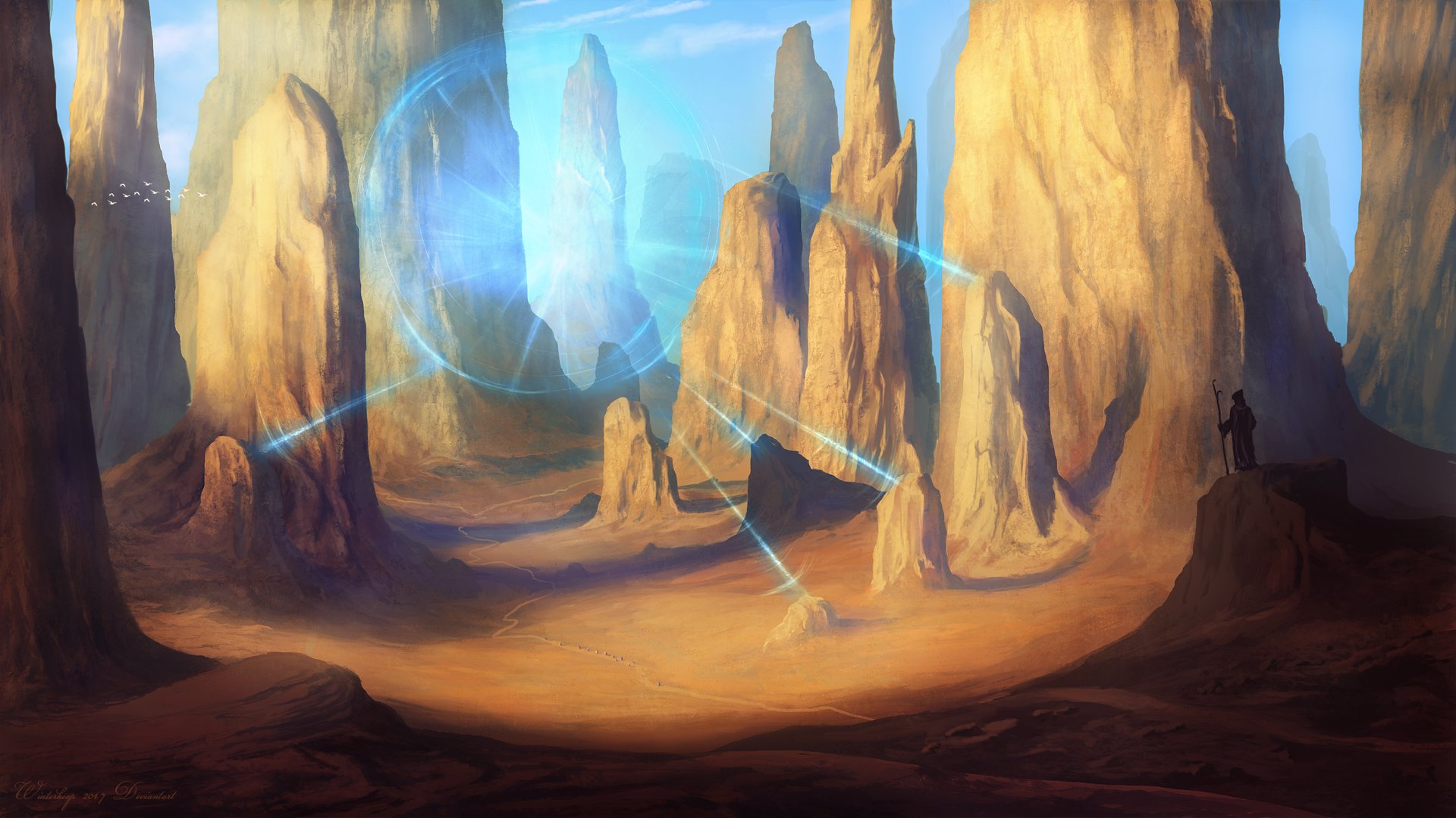 Wizard’s Beam Over Desert Spires - Epic Fantasy Landscape HD by Winterkeep