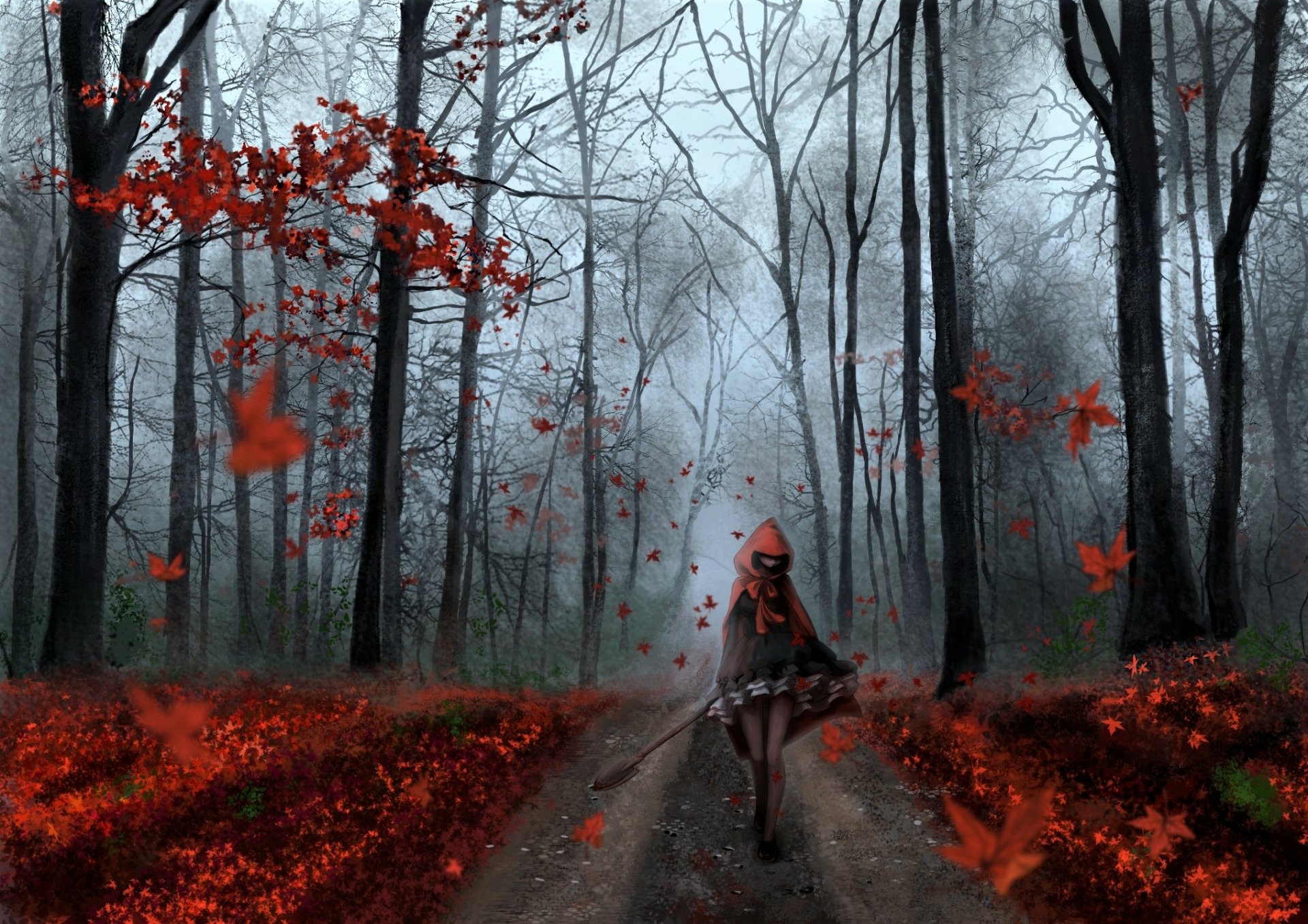Red Riding Hood's Enchanted Autumn Path – HD Fantasy Forest Wallpaper ...