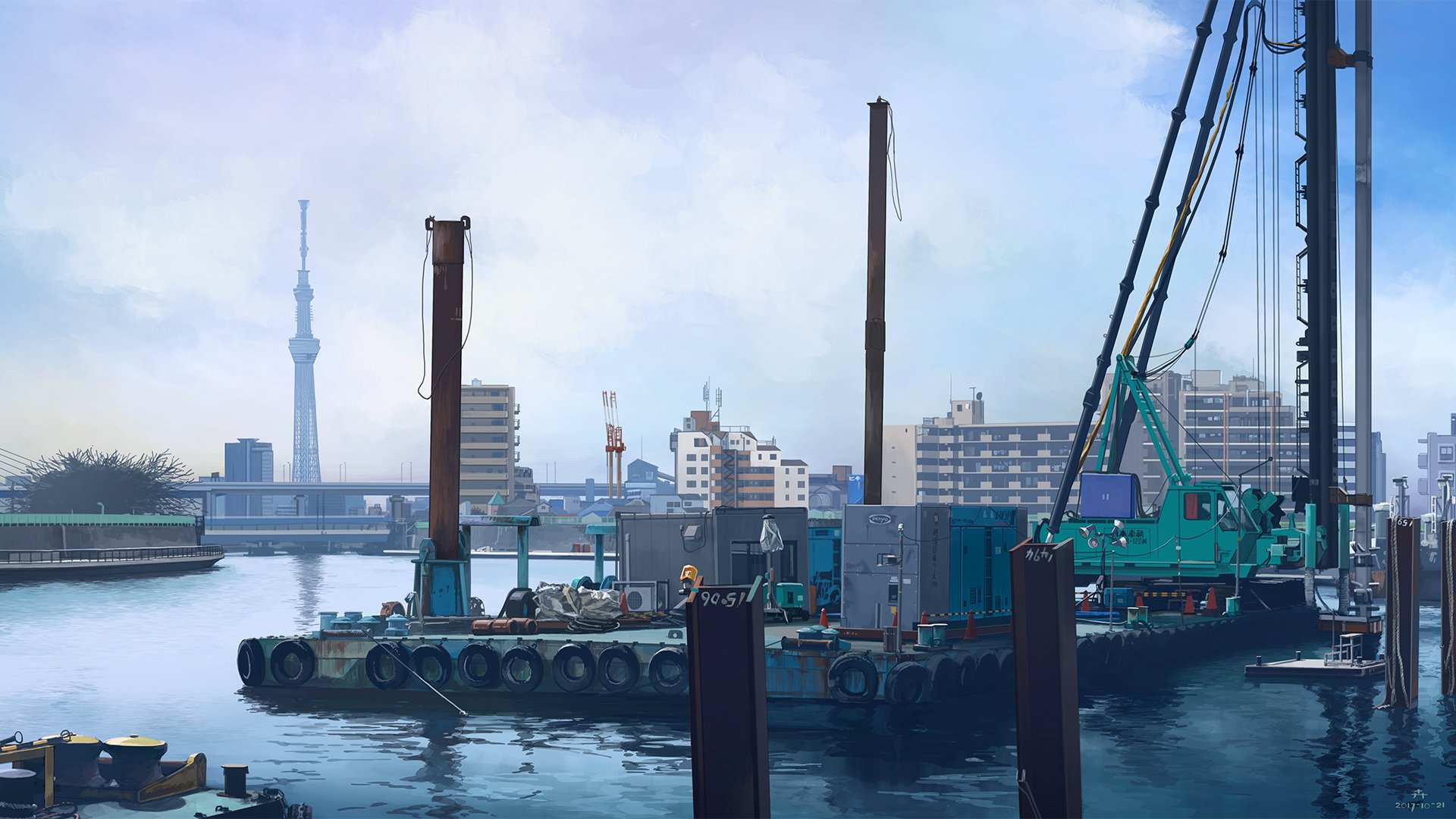 Original Anime HD Wallpaper: Serene Urban Waterfront Scene