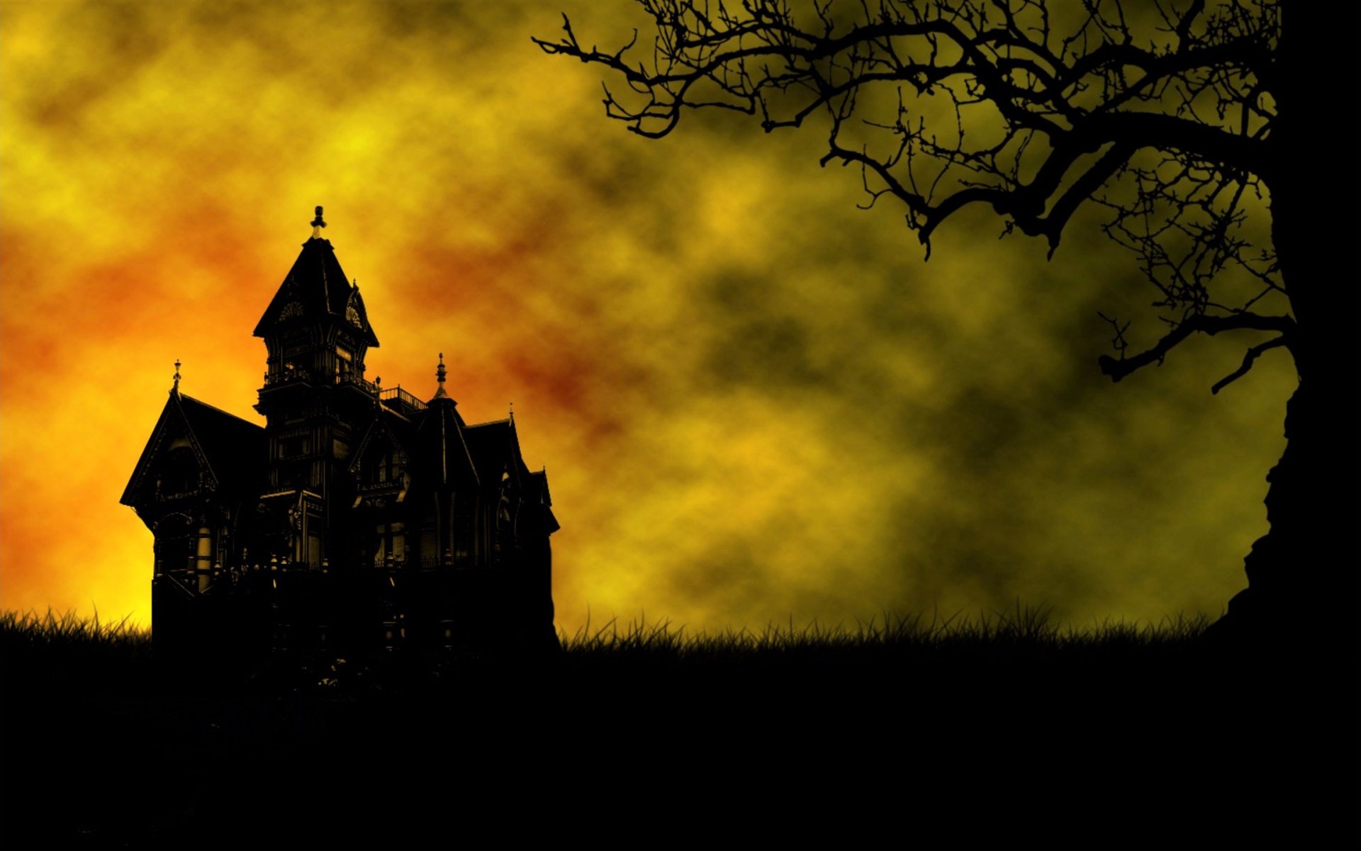 HD Dark Night: Haunted Manor & Tree Silhouette Wallpaper | 2302x1440 ...