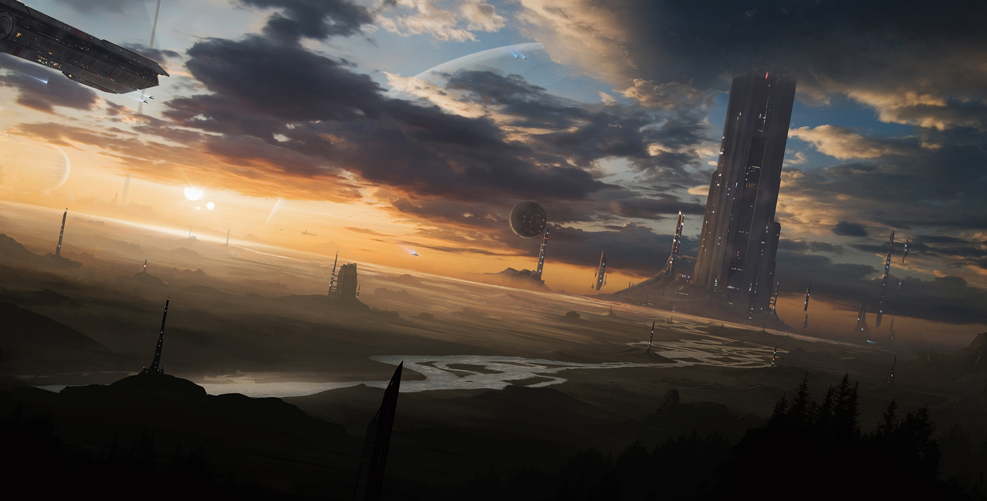 Futuristic Skyline at Horizon over River – Sci-Fi Cityscape HD ...