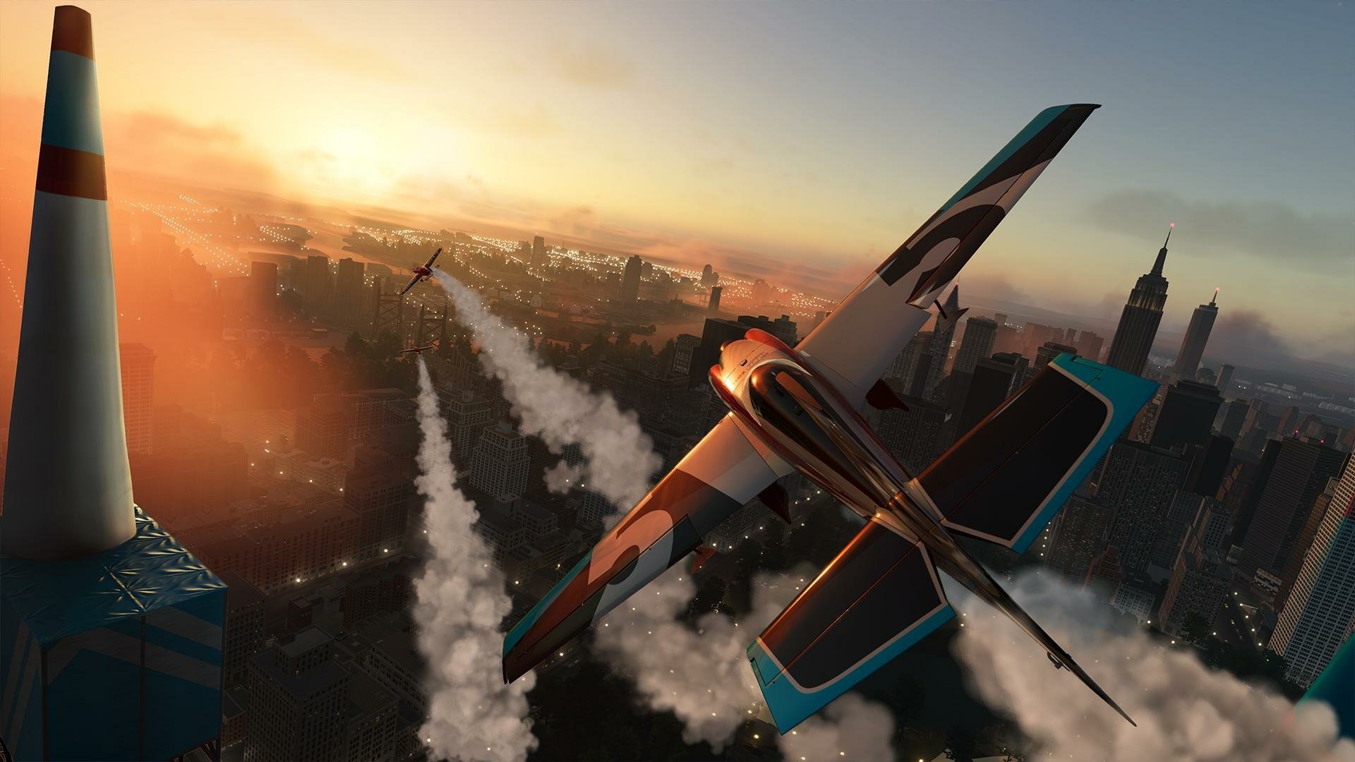 The Crew 2 Biplane Racing Over City Skyline – HD Video Game Wallpaper