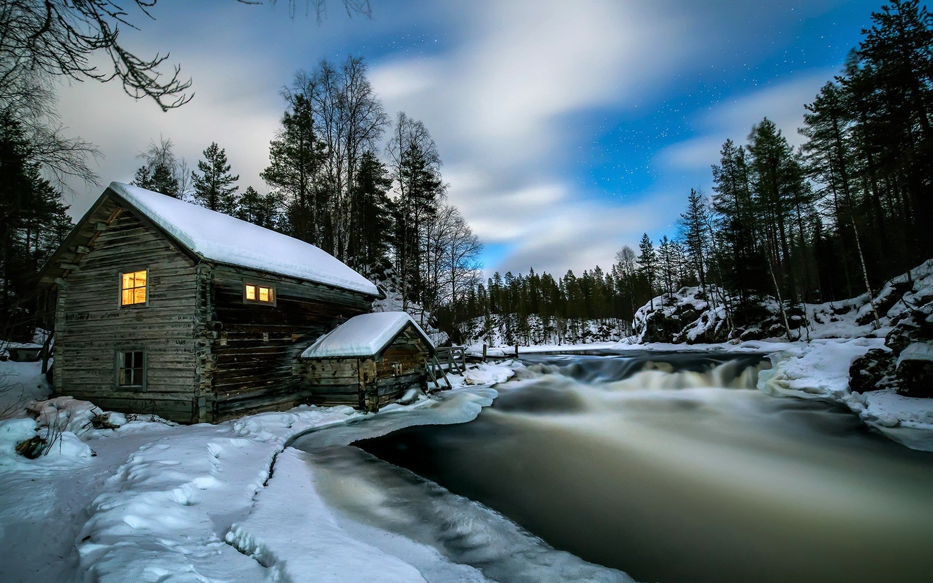 Winter Cabin by the Serene Forest River – HD Nature Wallpaper ...
