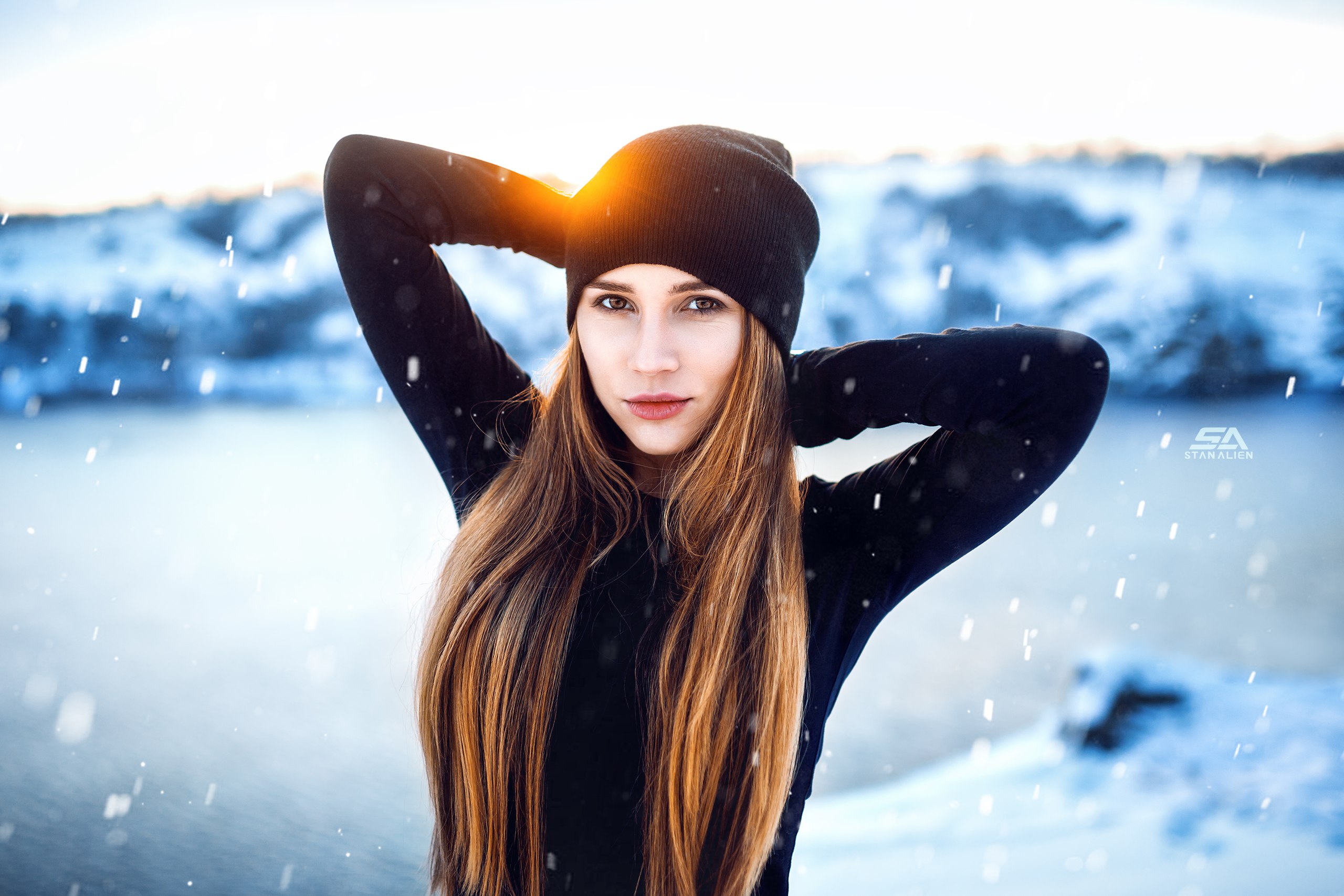 Download Depth Of Field Long Hair Hat Hazel Eyes Blonde Snow Woman ...