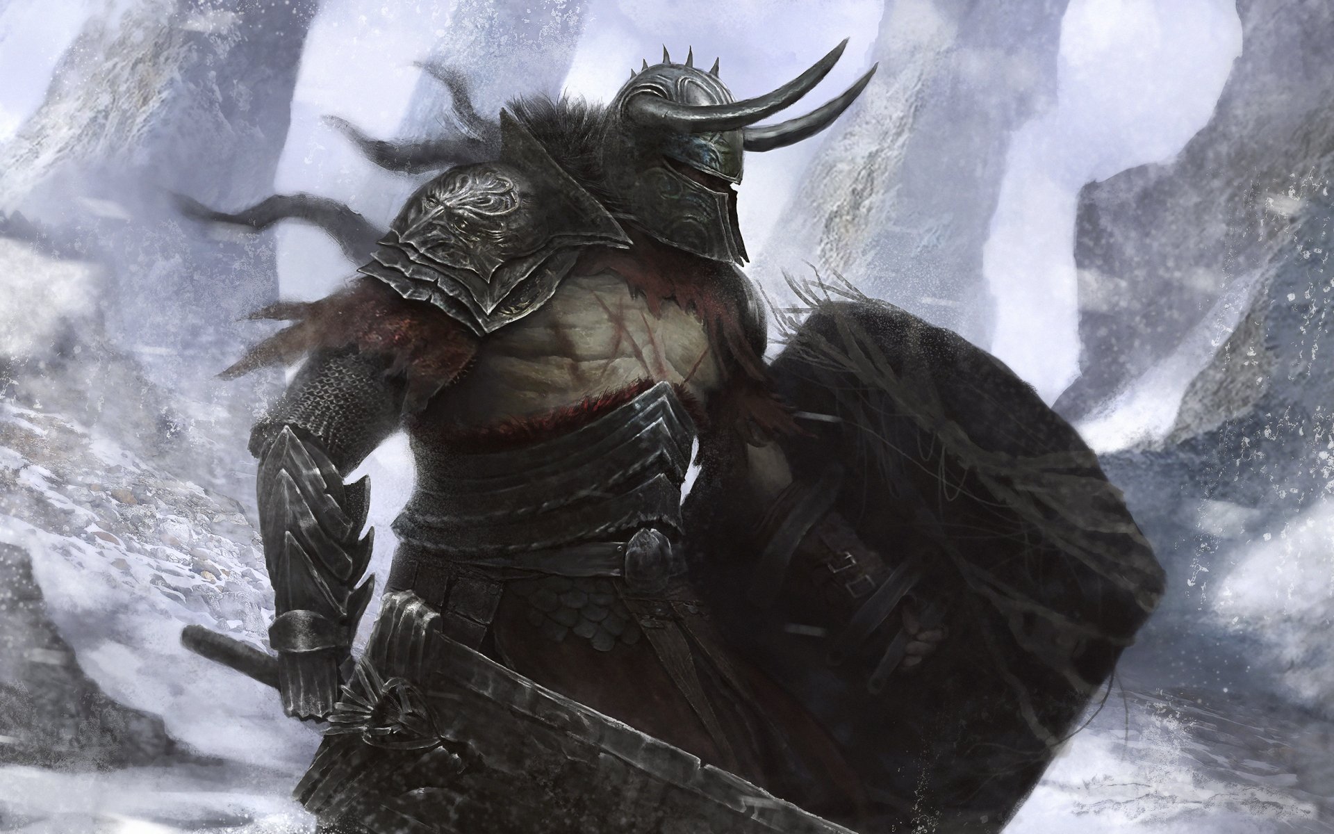 Fierce Winter Warrior: Horned Helmet and Shield in Fantasy Battle by ...
