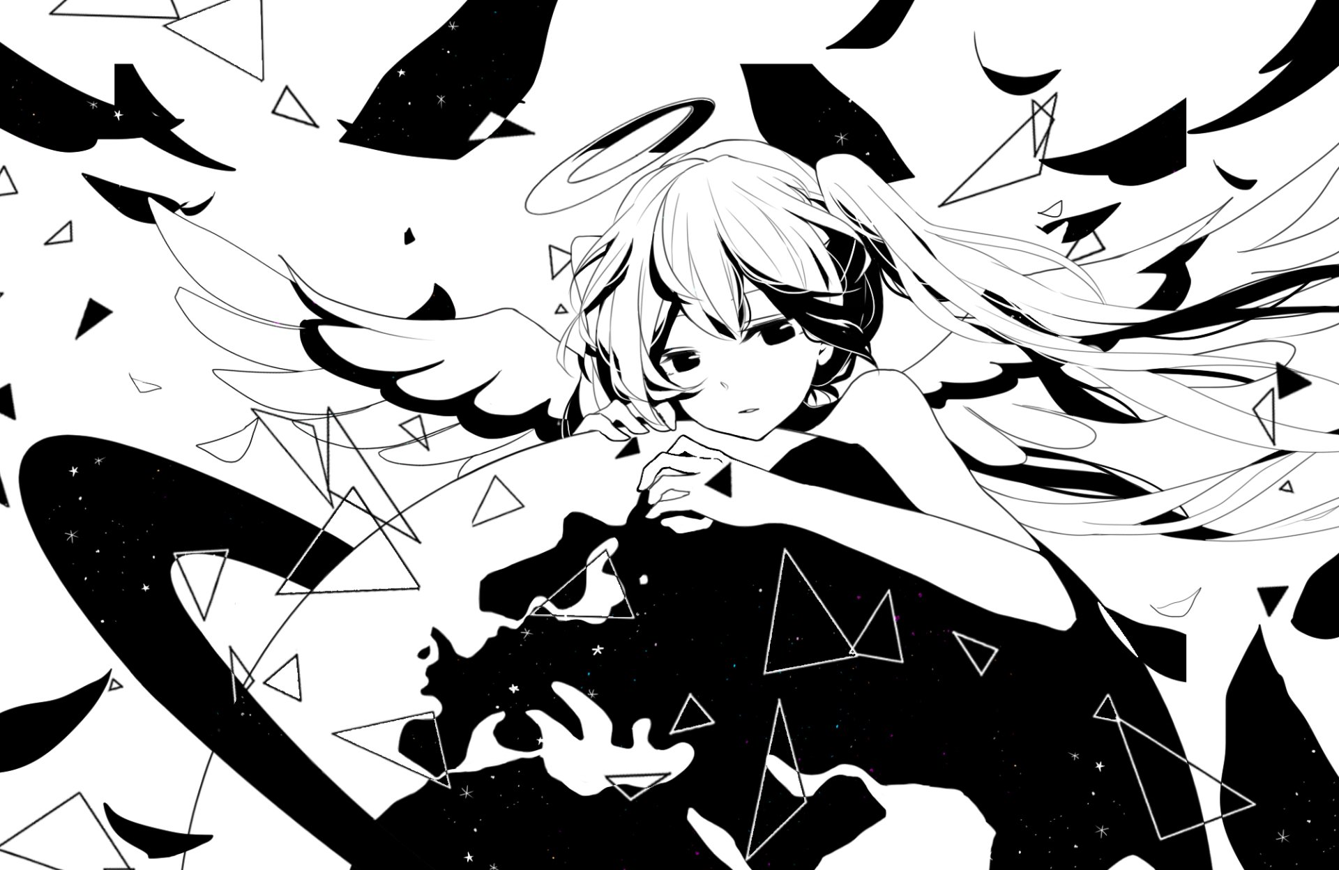 Download Shapes Wings Twintails Long Hair Black & White Hatsune Miku ...