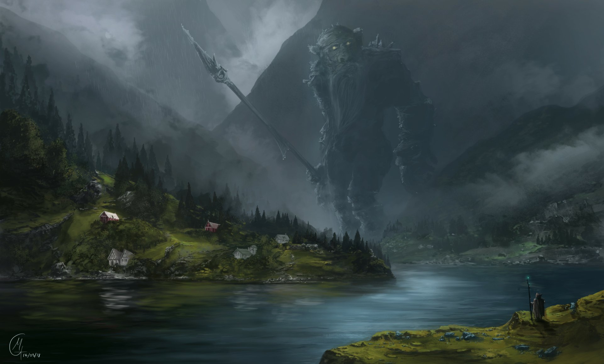 Giant Spear-Wielding Wizard - 4K Ultra HD Fantasy Wallpaper by Mark Graham