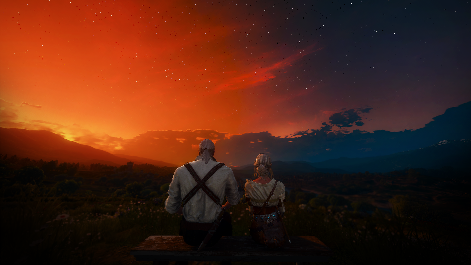 The Witcher Sunset: Geralt & Ciri in Wild Hunt HD Landscape Wallpaper