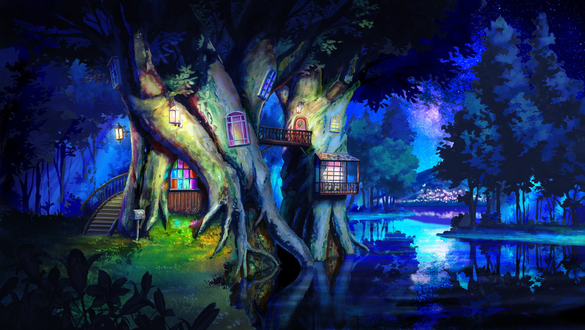 Enchanting Anime Night: Forest House by the River HD Wallpaper by ビリジアン