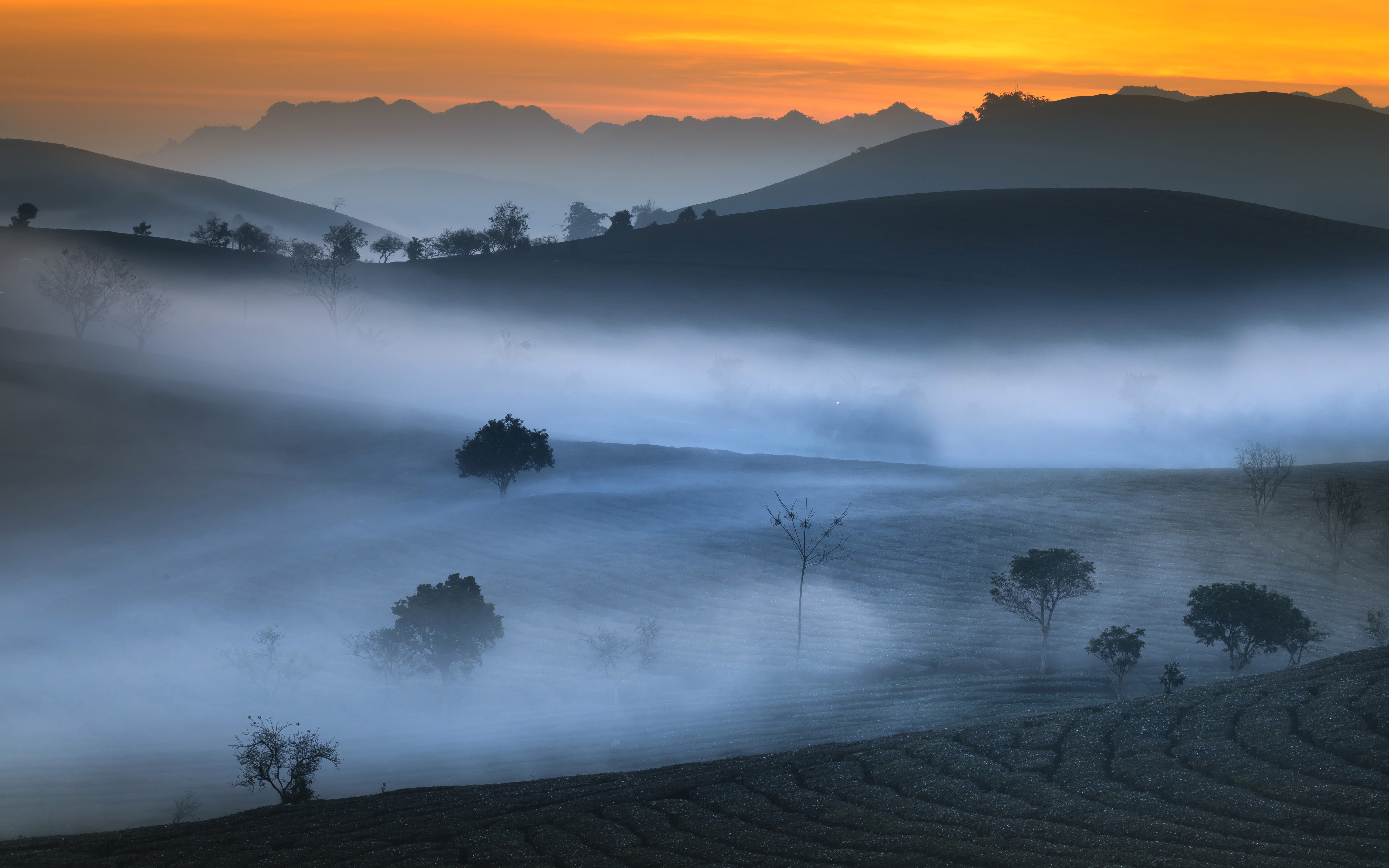 Download Nature Sunrise Hill Landscape Fog 4k Ultra HD Wallpaper