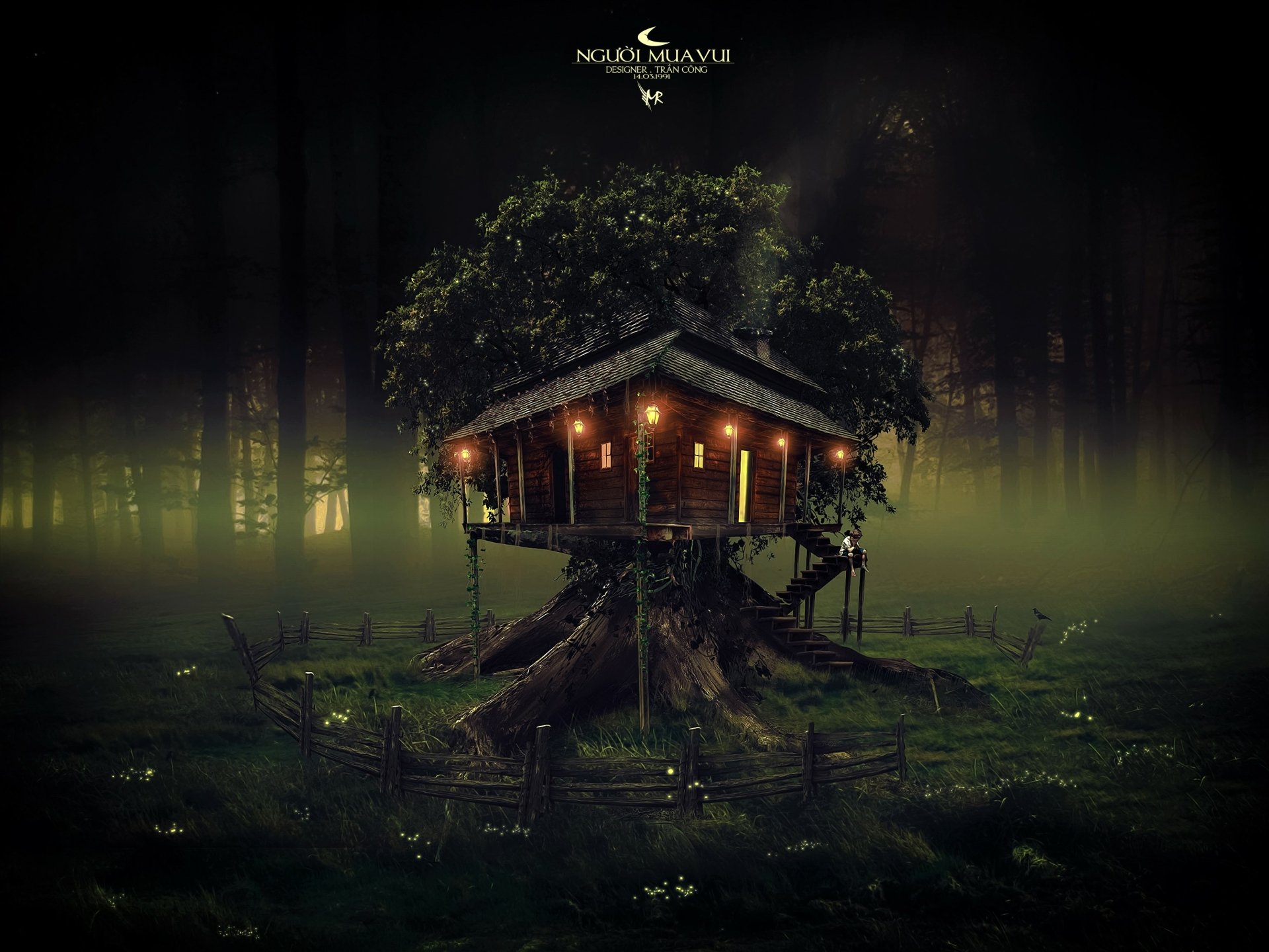 Enchanted Treehouse Glow: A Fantasy Forest Light HD Wallpaper by Trần Công