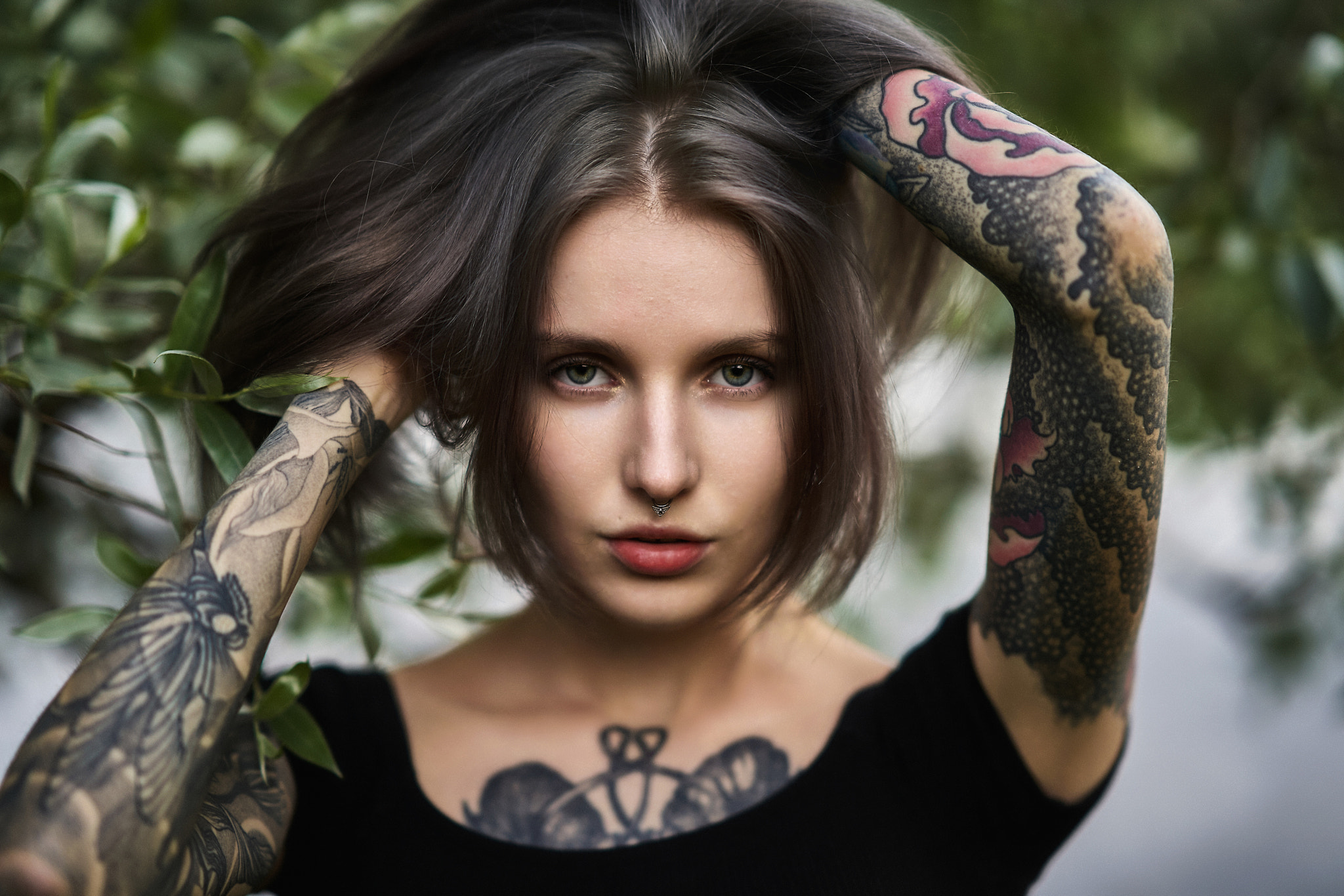 Download Brunette Blue Eyes Face Model Woman Tattoo Hd Wallpaper By