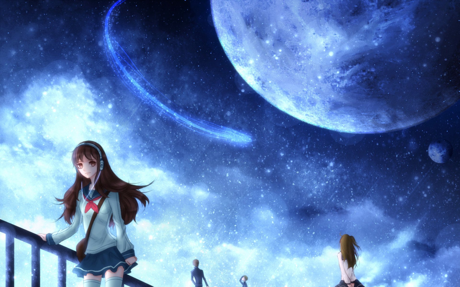 Starry Night Vibes: Anime Girl with Headphones Under the Moonlit Sky by ...