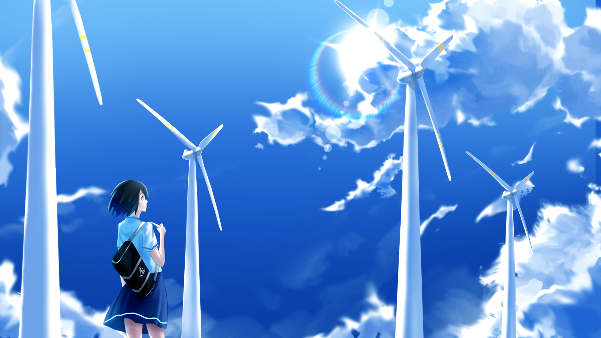 Download Wind Turbine Black Hair Bag Anime Girl Anime Girl HD Wallpaper ...