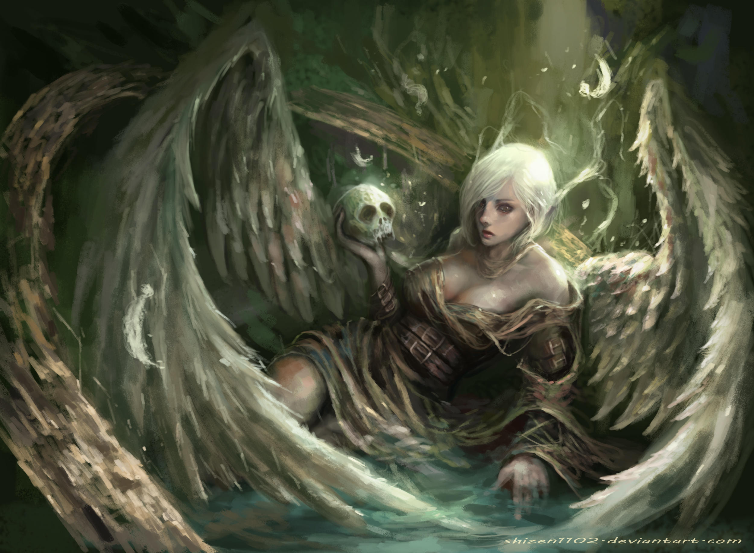 Download Skull Short Hair White Hair Wings Fantasy Angel HD Wallpaper by Reign Tran