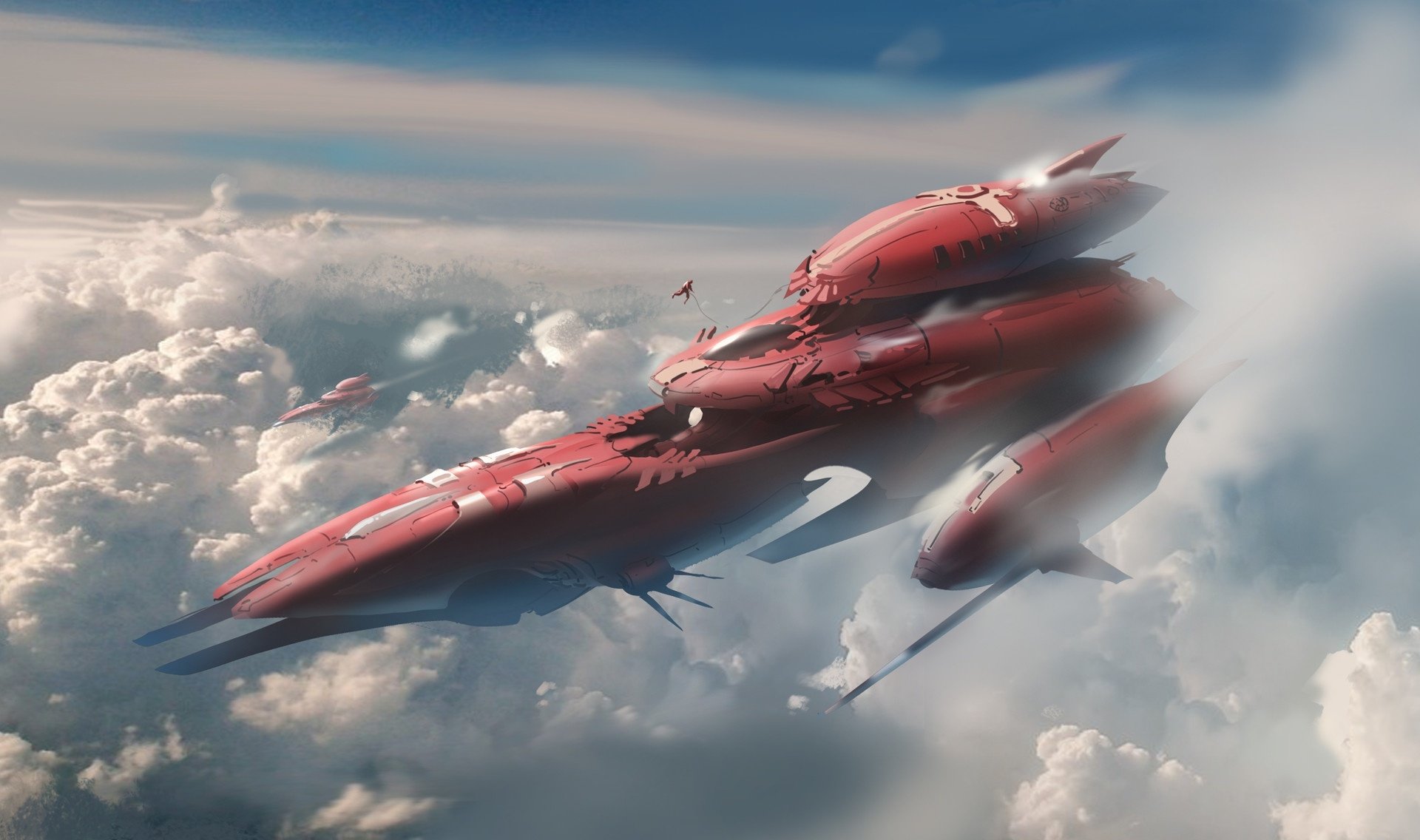 Red Sci-Fi Spaceship Soaring Through Majestic Cloudscape | HD Wallpaper ...