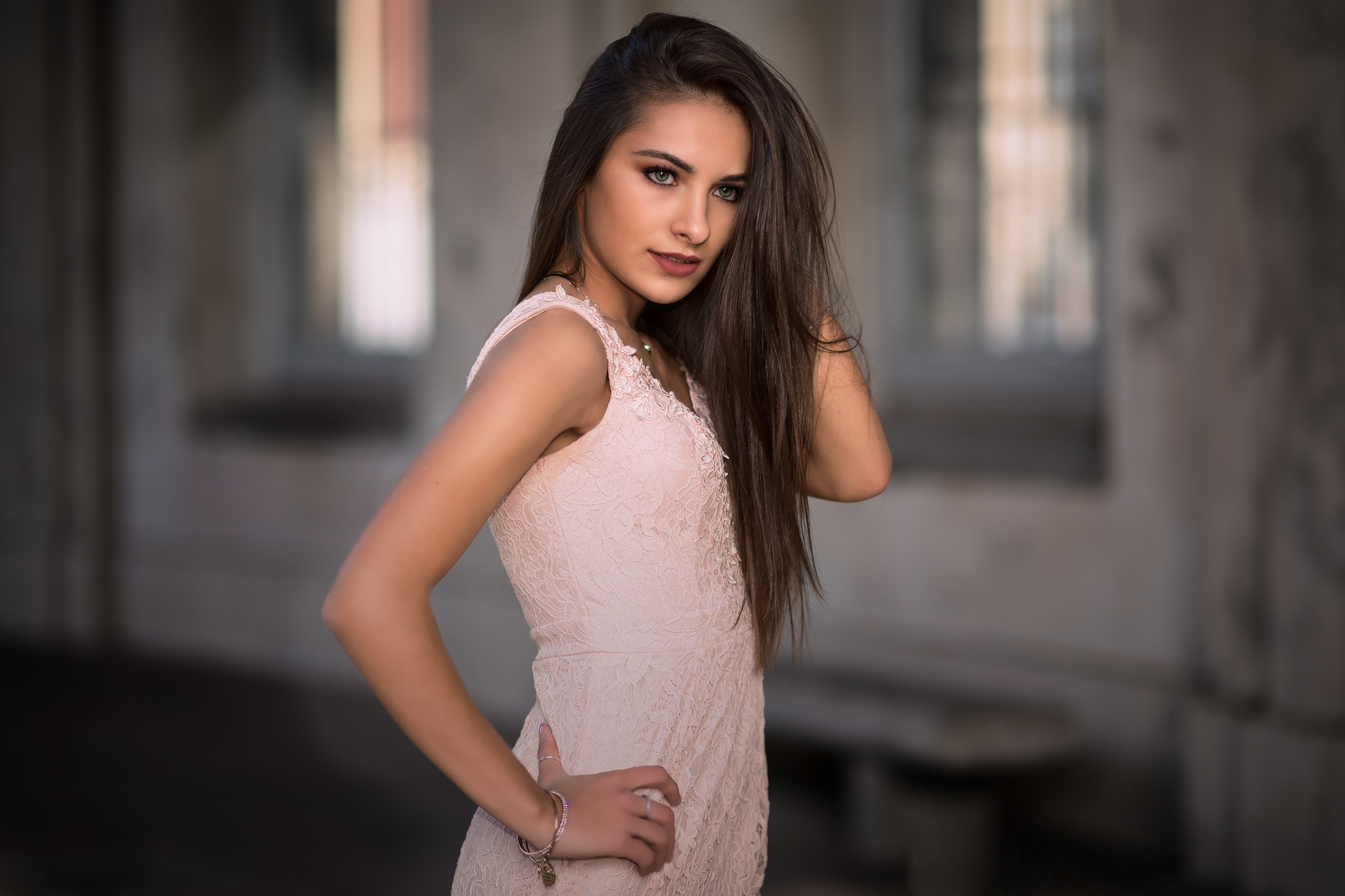 Download Green Eyes Black Hair White Dress Depth Of Field Woman Model ...