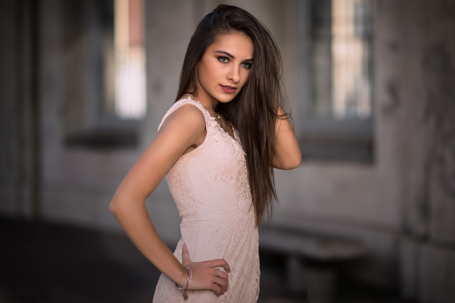 Download Green Eyes Black Hair White Dress Depth Of Field Woman Model ...