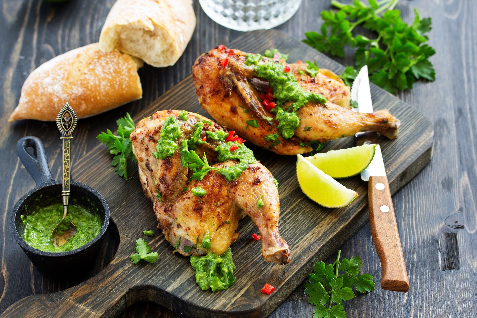4K Ultra HD Still Life: Roasted Chicken Feast with Fresh Herbs & Bread